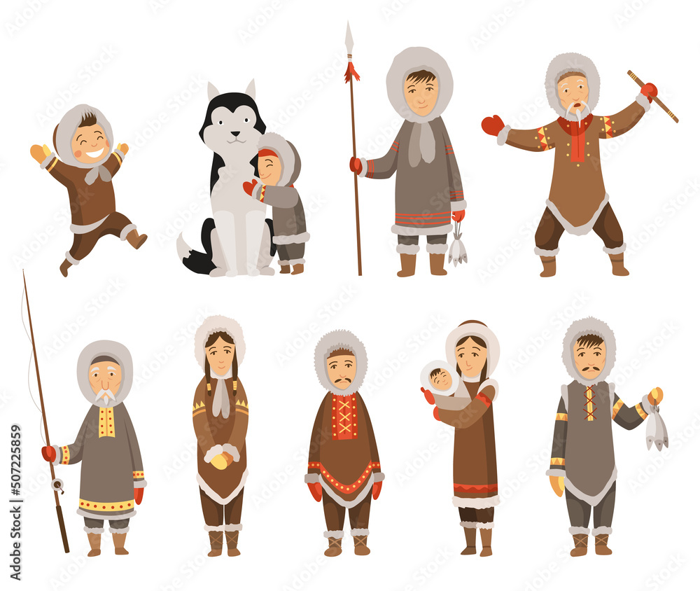 Polar eskimo characters. Indigenous people wearing traditional warm ...