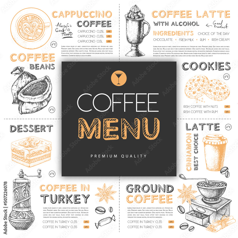 Restaurant coffee menu design with hand drawing coffee elements. Vector ...