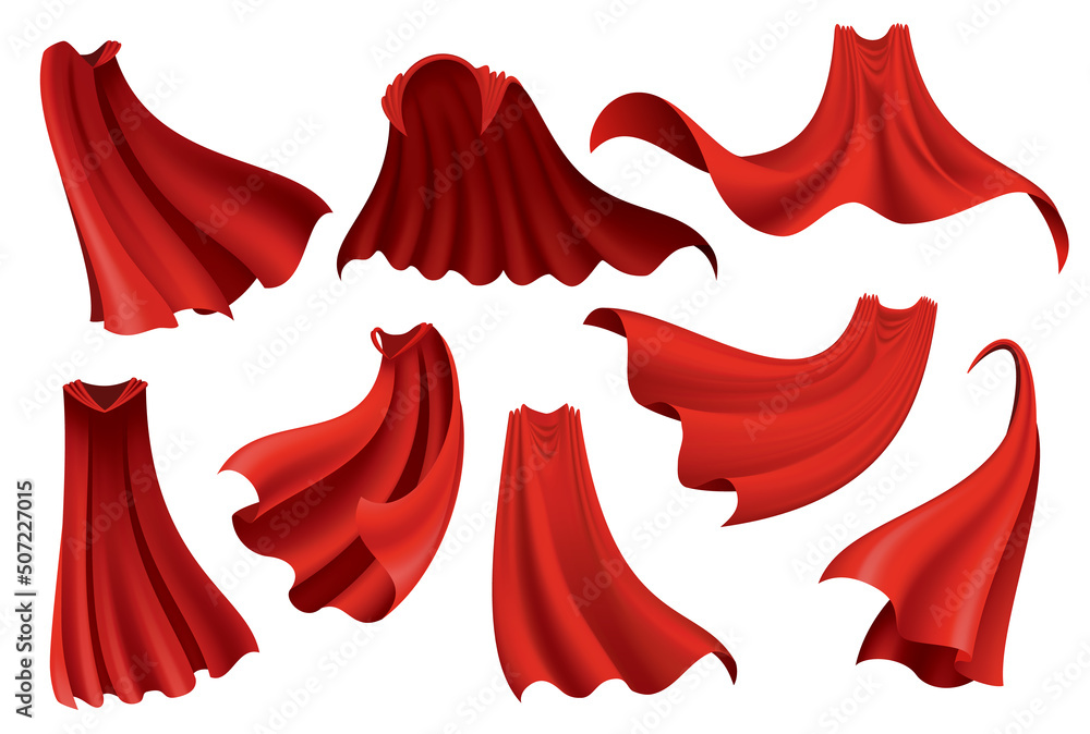 Superhero red capes. Scarlet fabric silk cloak in different position ...