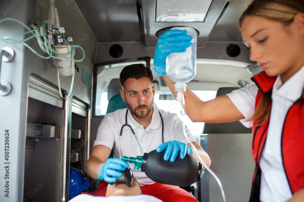 EMS Paramedics Team Provide Medical Help to Injured Patient on the Way ...