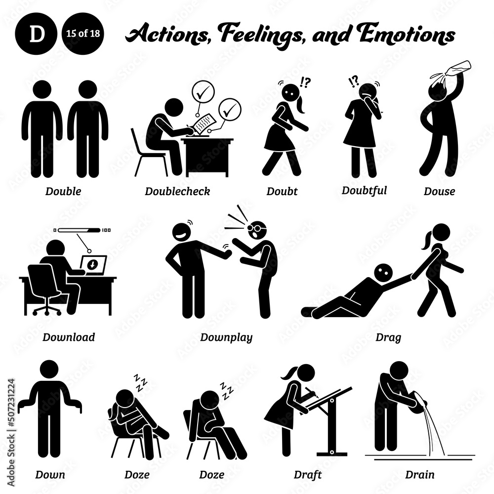 Stick figure human people man action, feelings, and emotions icons ...
