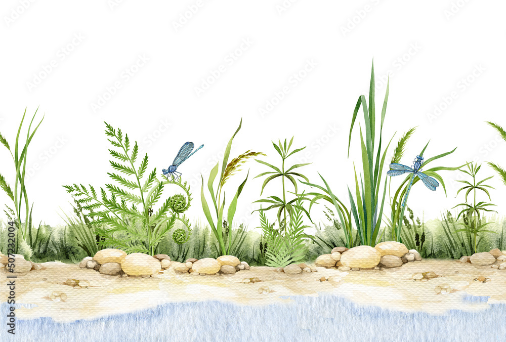 River bank seamless border. Watercolor illustration. Hand drawn ...