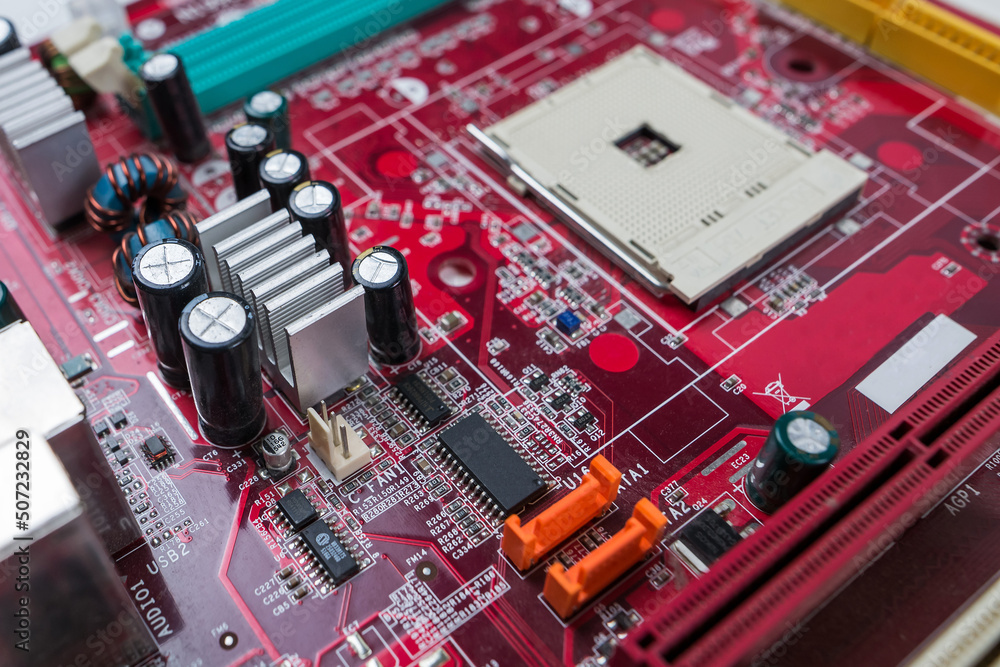 computer motherboard . Hardware components. View inside, background ...