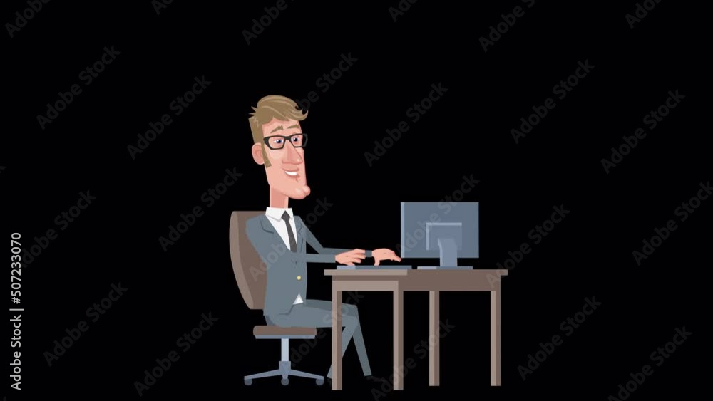 Cartoon elegant businessman character working with computer at ...
