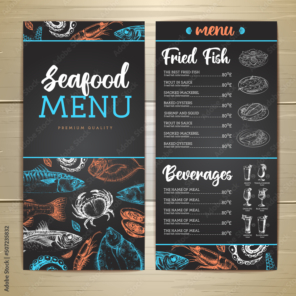 Chalk drawing seafood restaurant menu design with hand drawing fish ...