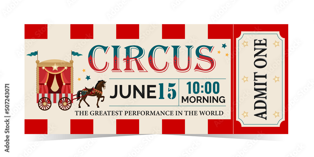 Circus ticket with magic cart - arena and horse. Stock Vector | Adobe Stock