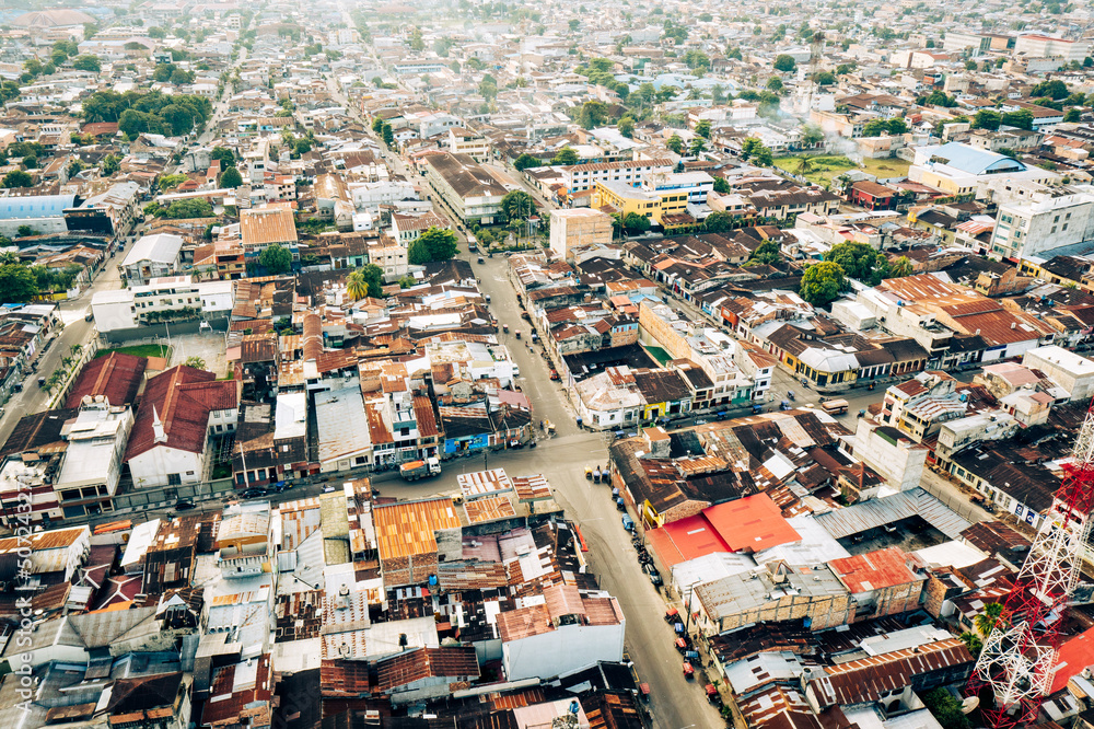 Aerial view of Iquitos, Peru with the Itaya River in the background in ...