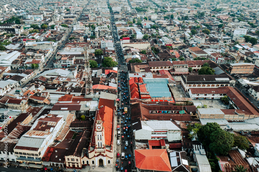 Aerial view of Iquitos, Peru with the Itaya River in the background in ...