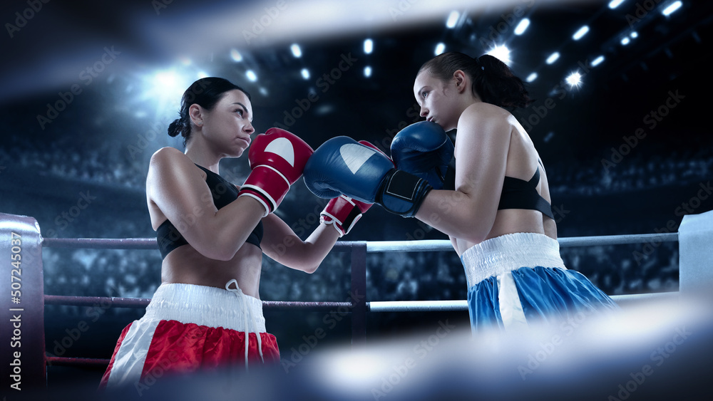 Collage with young female professional boxers in boxing gloves in ...