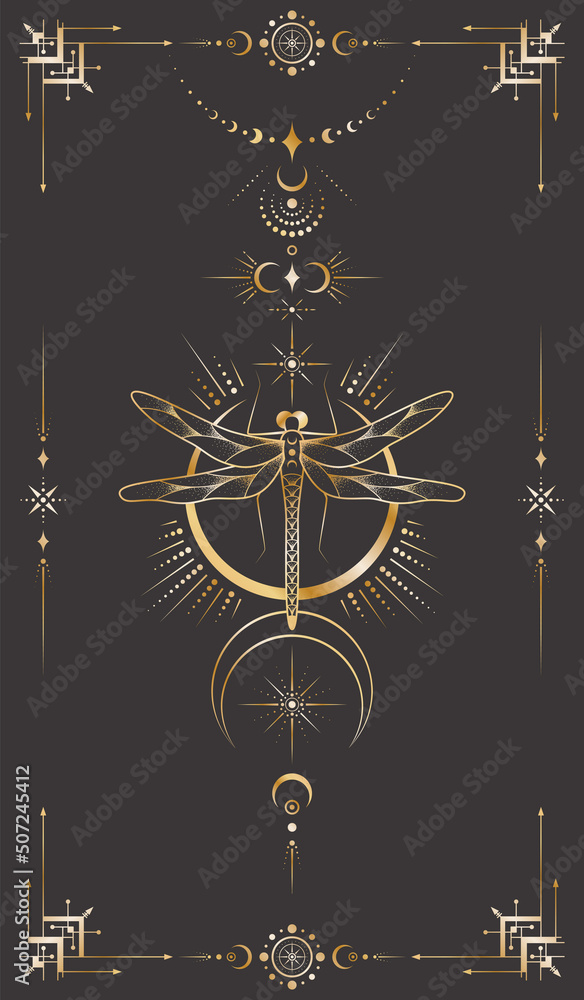 Vector mystic celestial background with a golden outline insect, stars ...