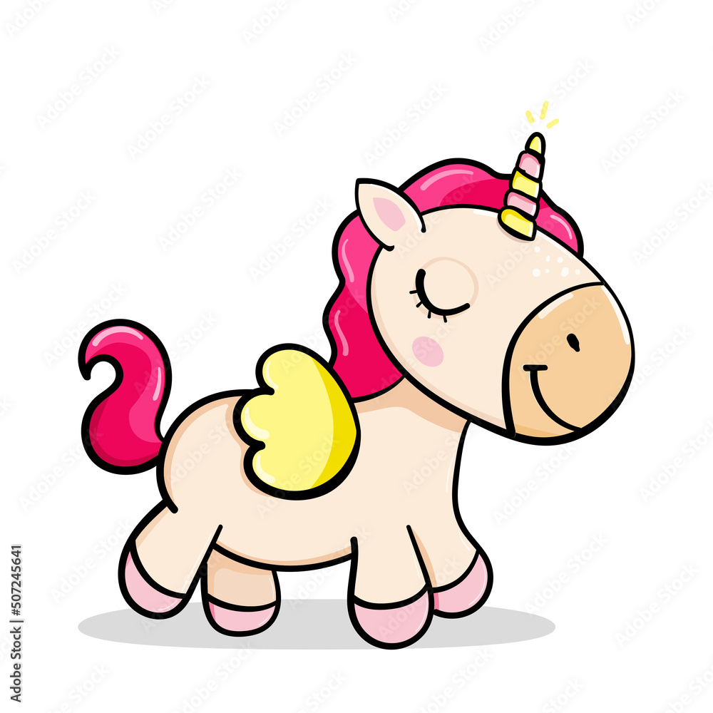 happy cartoon cute baby unicorn pony walks and laughing vector sticker ...