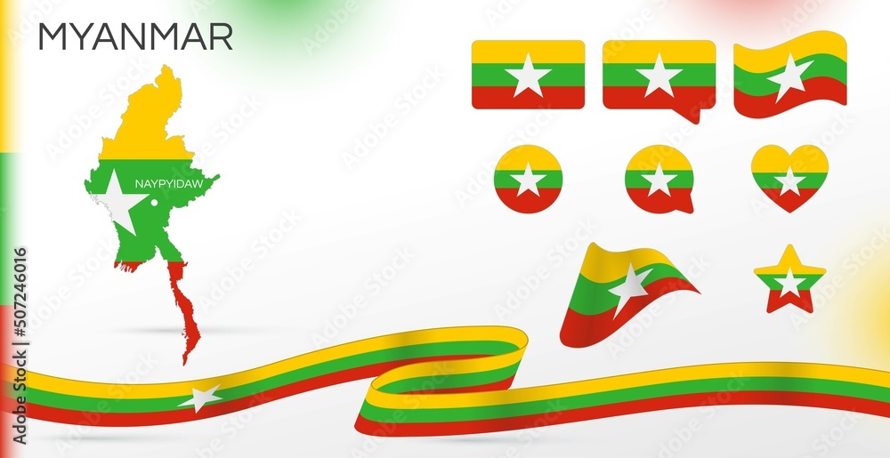 Myanmar flags set. Various designs. Map and capital city. World flags ...