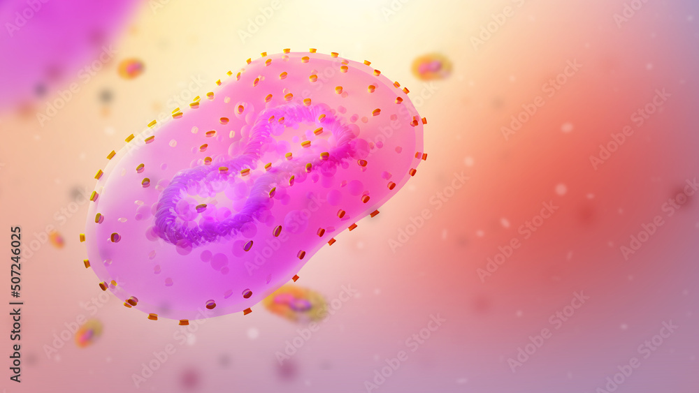 Monkeypox disease. Smallpox bacteria under magnification. Monkeypox virus in human body ...