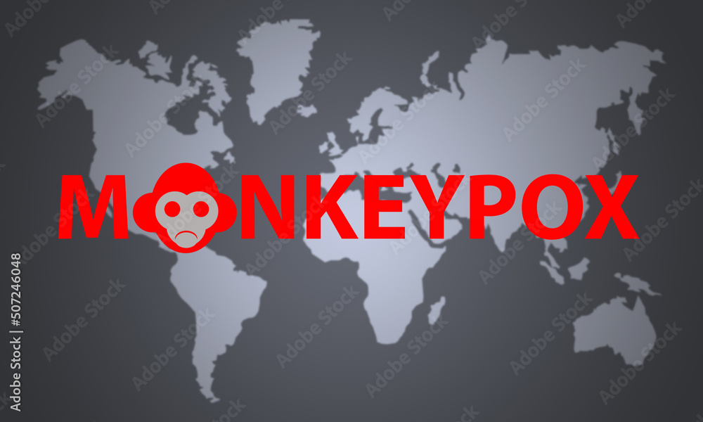 Monkeypox virus. Word Monkeypox in front of gray world map. New strain ...