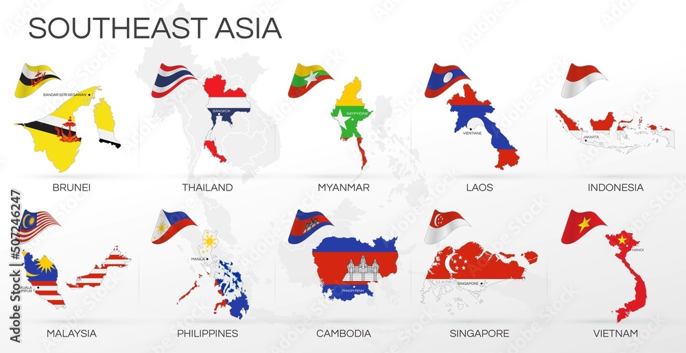 Southeast Asia map and national flag emblem infographic. Global ...
