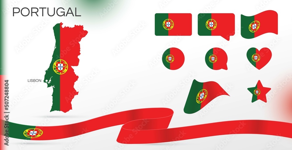 Portugal flags set. Various designs. Map and capital city. World flags ...