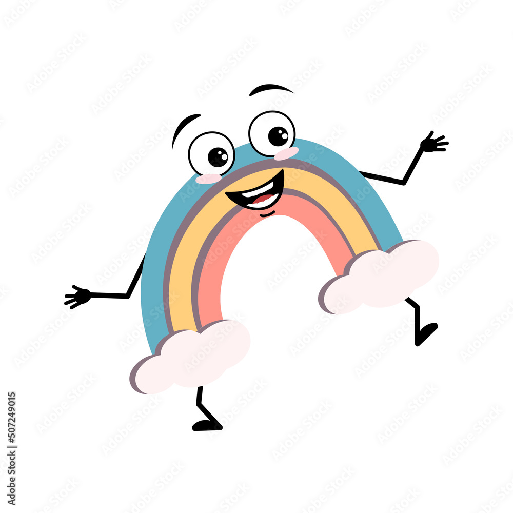 Cute rainbow character with happy emotion, joyful face, smile eyes ...