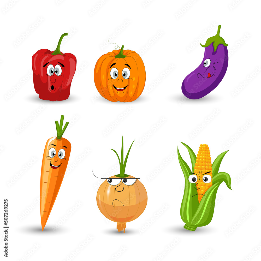 Cartoon vegetable characters collection. Cute cabbage, cucumber, carrot ...