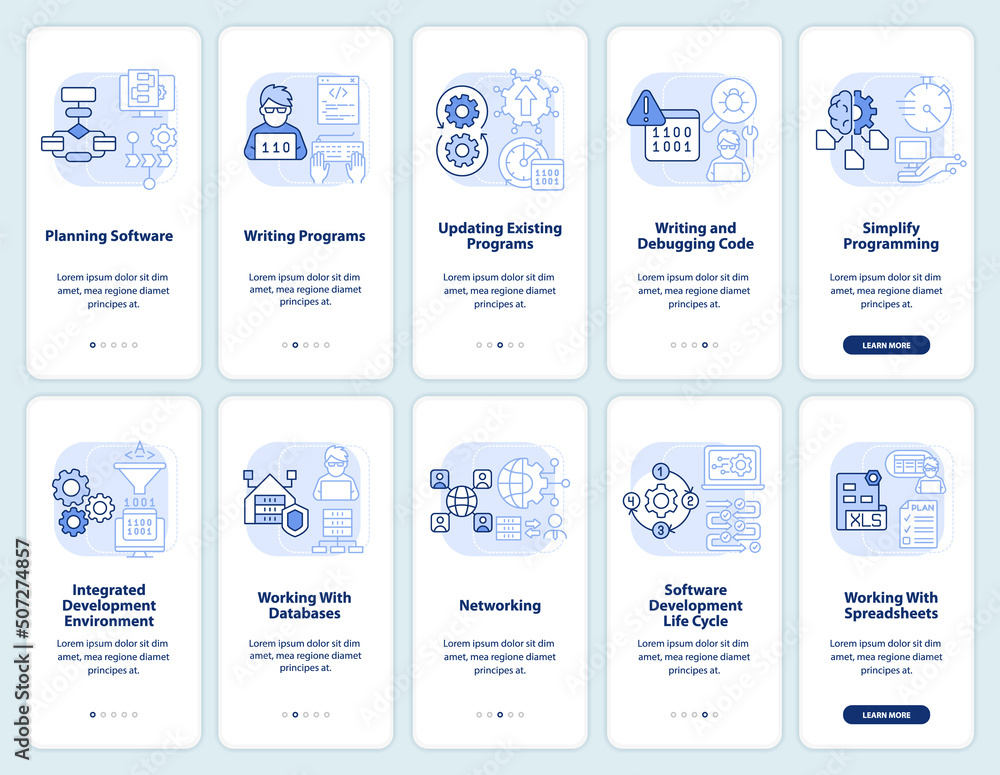 Professional Programmer Skills Light Blue Onboarding Mobile App Screen Set Walkthrough 5 Steps