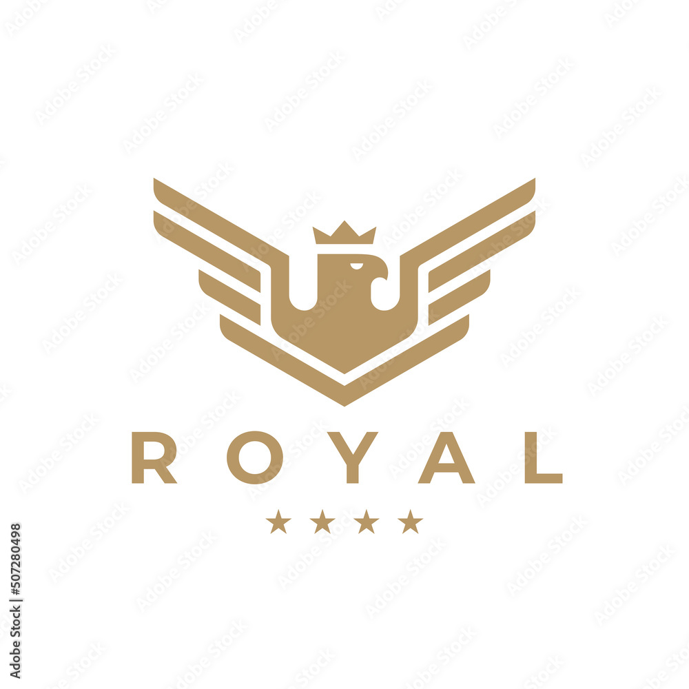 Flying royal eagle logo. Abstract bird crown icon. Gold hawk emblem. Luxury falcon shield symbol ...