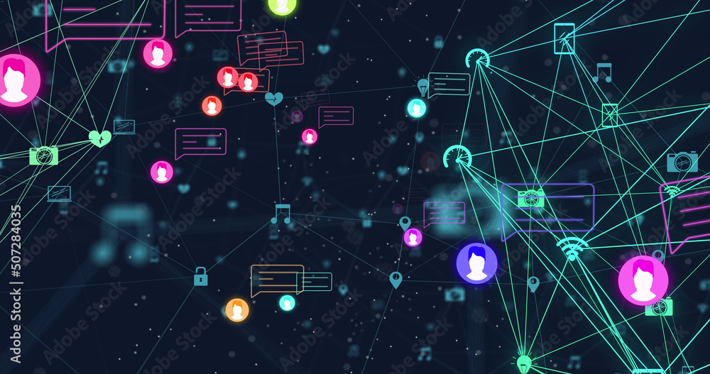 Image of emoji icons over networks of connections on black background ...