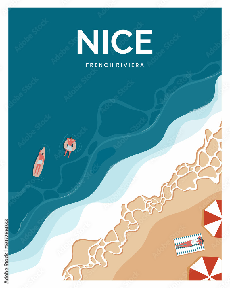 Nice French Riviera beach poster. vacation people swimming and ...