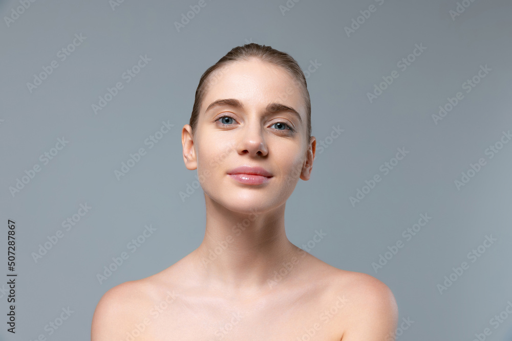 Portrait of young beautiful girl with no makeup face looking at camera ...