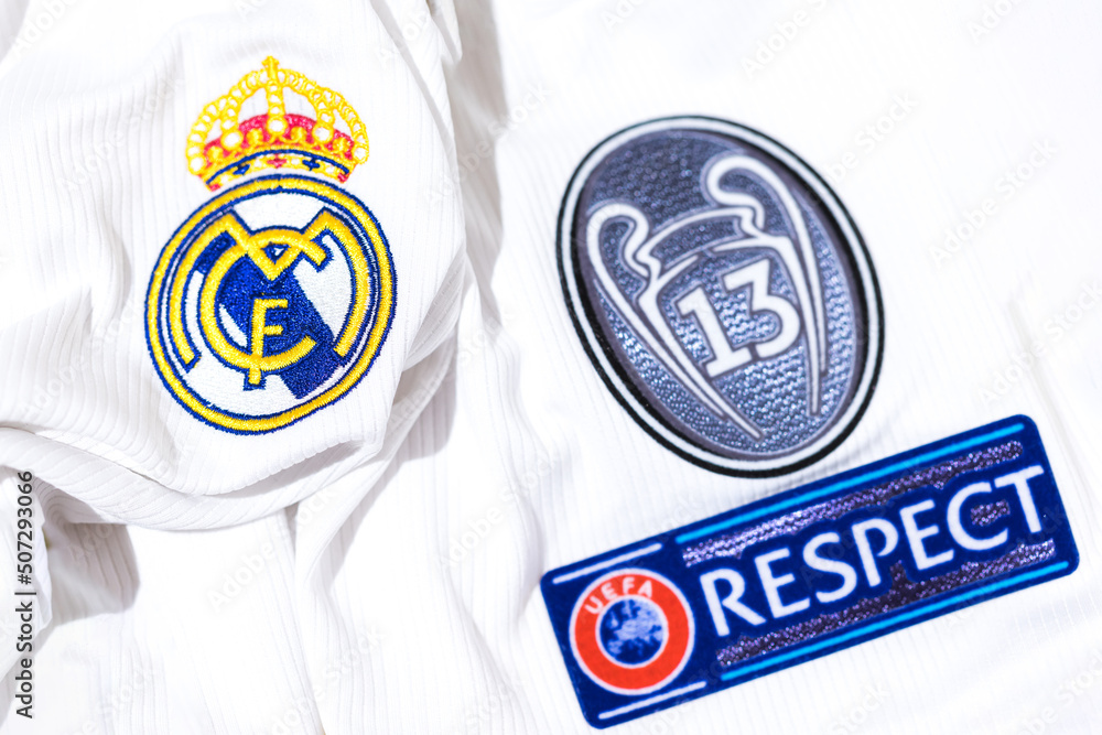 Shield on the white shirt of Real Madrid Football Club, along with the ...
