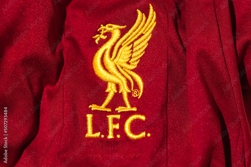 Shield on the shirt of Liverpool Football Club. Uefa champions league ...
