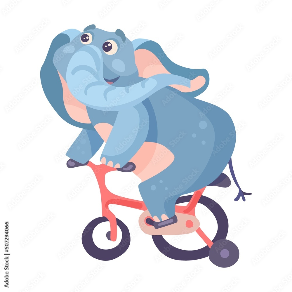 Elephant riding a bicycle cartoon illustration. Cute baby elephant with ...