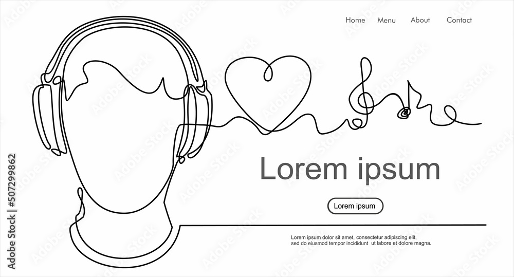 continuous line drawing of man listening music in headphones wuth sound ...