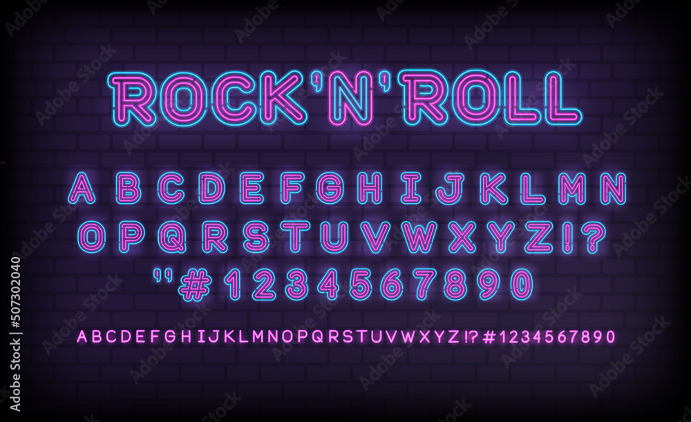 Rock'n'Roll Neon light sign with Alphabet Vector Type Font. Rock style ...