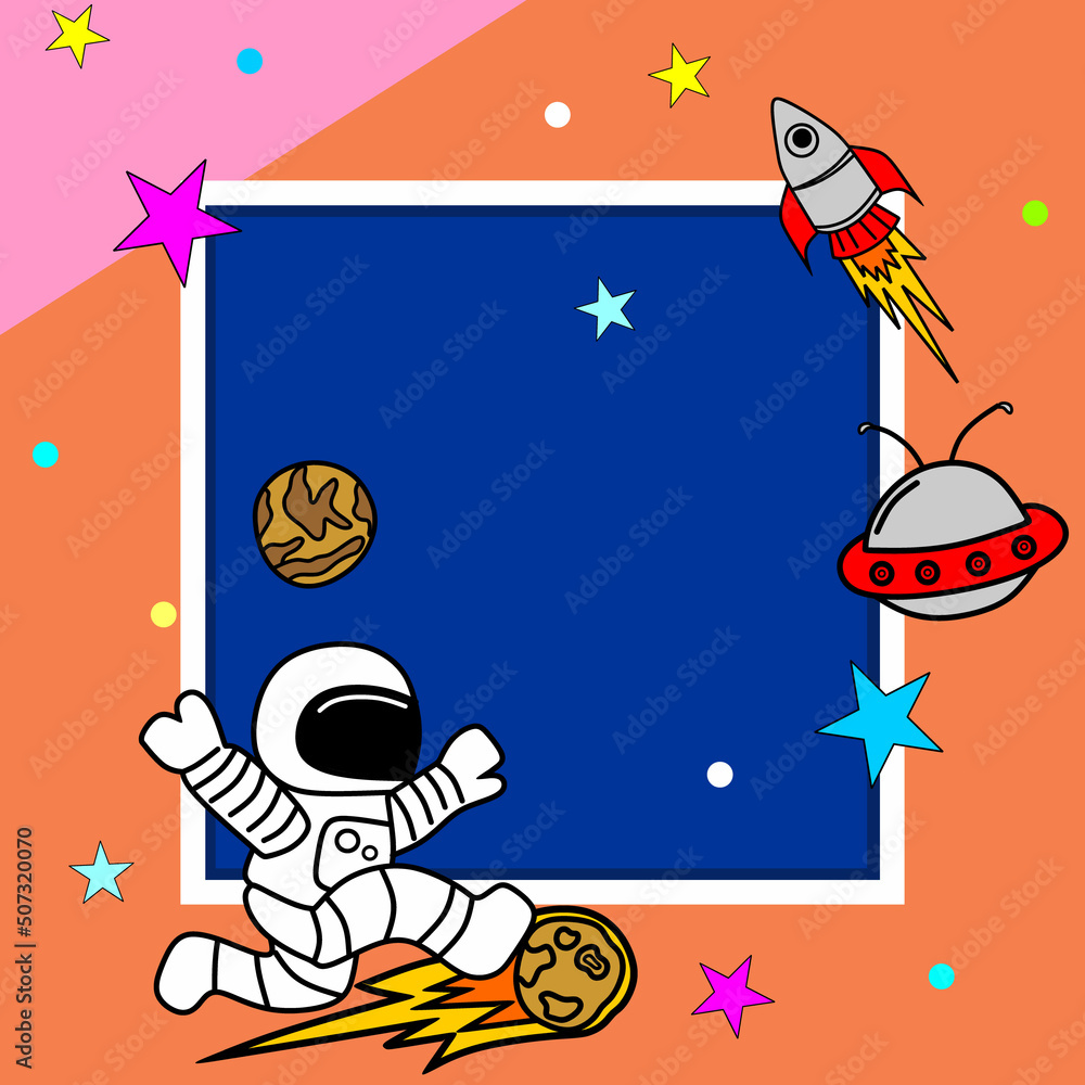 space theme square background with rocket, astronaut illustration Stock ...