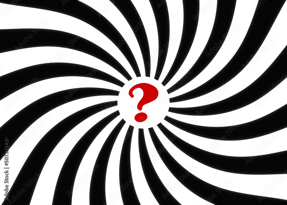 A black-and-white hypnotic spiral, with a red question mark at the ...