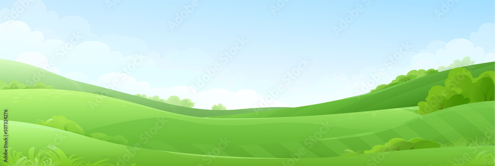 Vector cartoon landscape, seasons hills, grass field, farm background ...