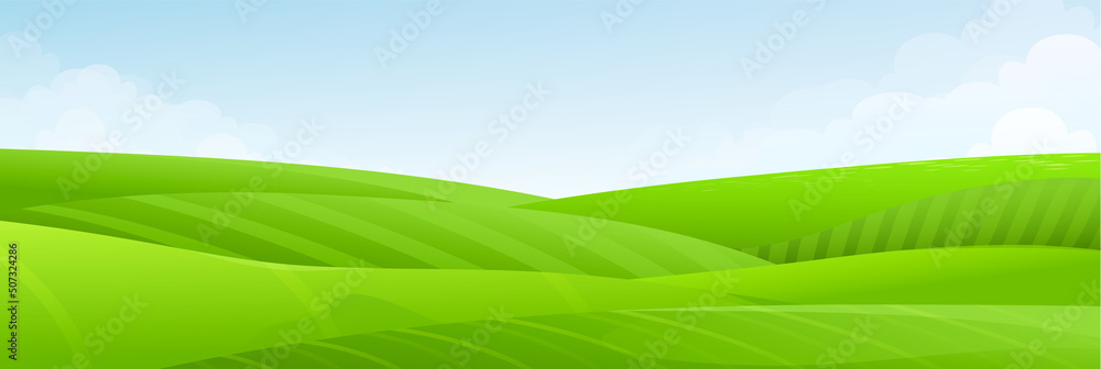 Vector cartoon landscape, seasons hills, grass field, farm background ...