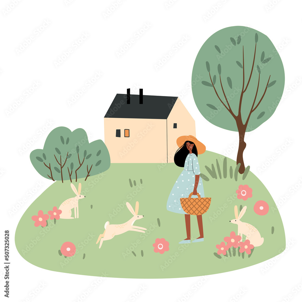 hare, rabbit woodland animals and girl illustration, forest house ...