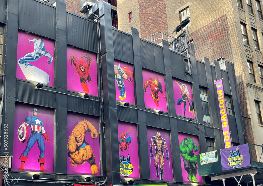 Superhero characters displayed on exterior wall of a Midtown Comics ...