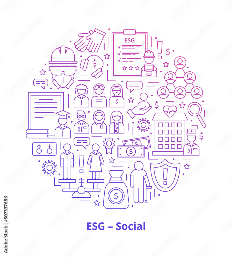 Set icons, ESG social concept. Icons arranged in a circle shape with a heading at the bottom ...