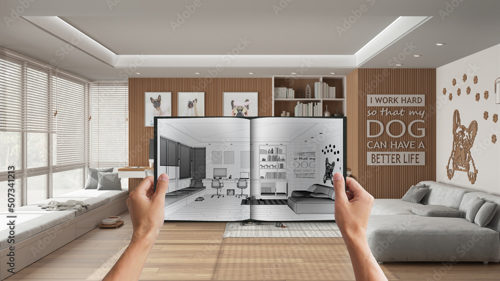 Hands holding notepad with pet friendly office design blueprint sketch ...