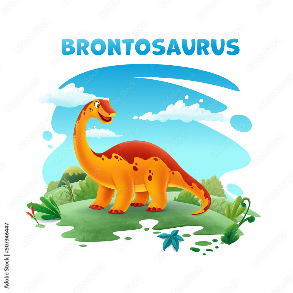 cute cartoon brontosaurus on green meadow landscape with nature trees ...