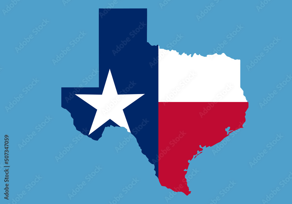 Mapa de Texas con su bandera sobre fondo azul. Silueta del mapa de ...