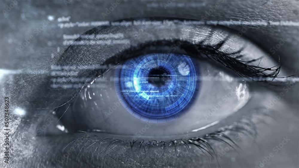 Futuristic Eye with Program Code And Hub. Macro Shot of Iris with Data ...