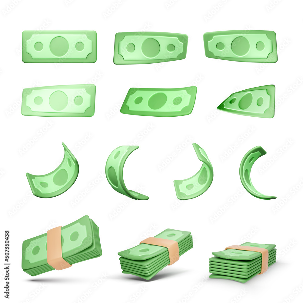 Realistic money set. Collection of 3D green dollars isolated on white ...