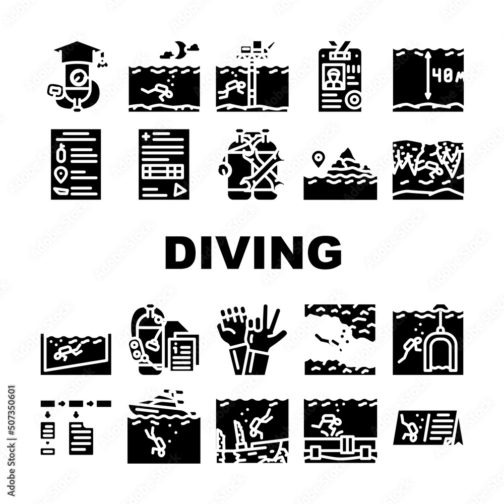 Diving School Education Lesson Icons Set Vector. Diving School Course ... Diving School Education Lesson Icons Set Vector. Diving School Course ...