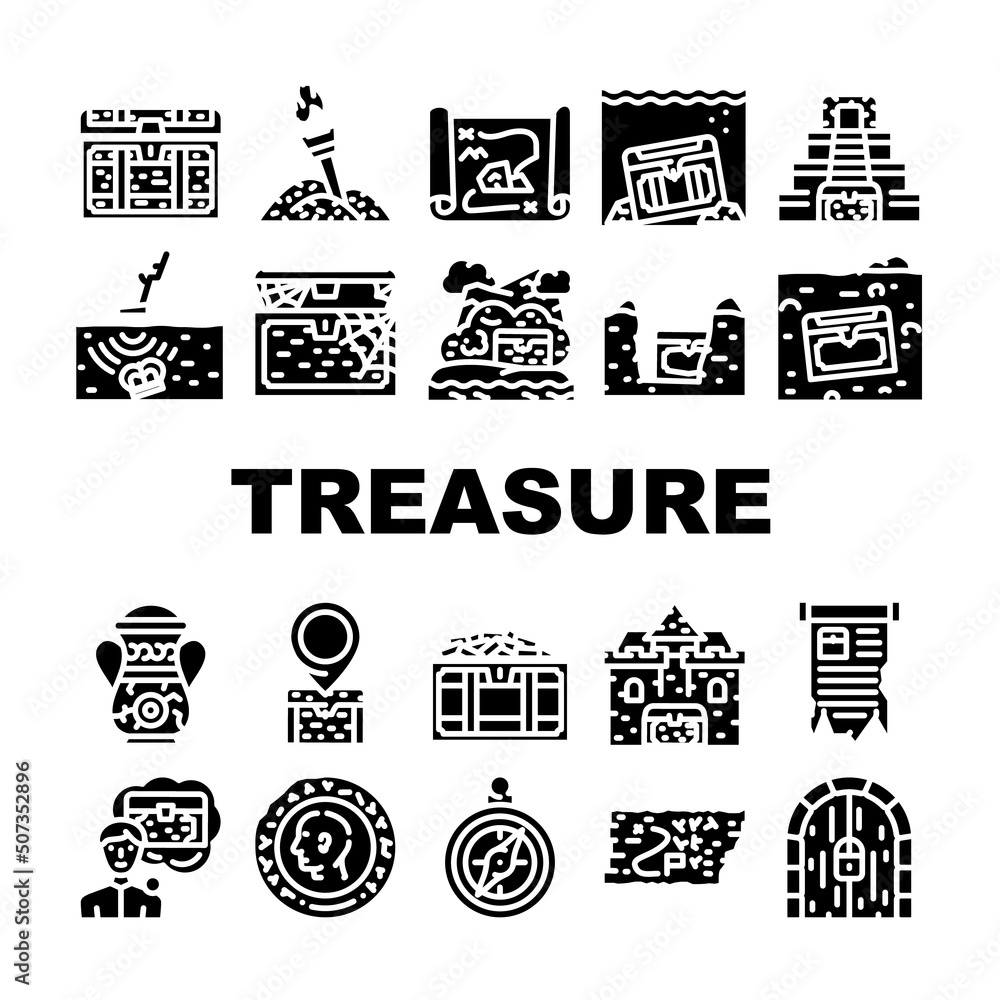 Treasure Precious And Antique Icons Set Vector. Treasure Chest And ...