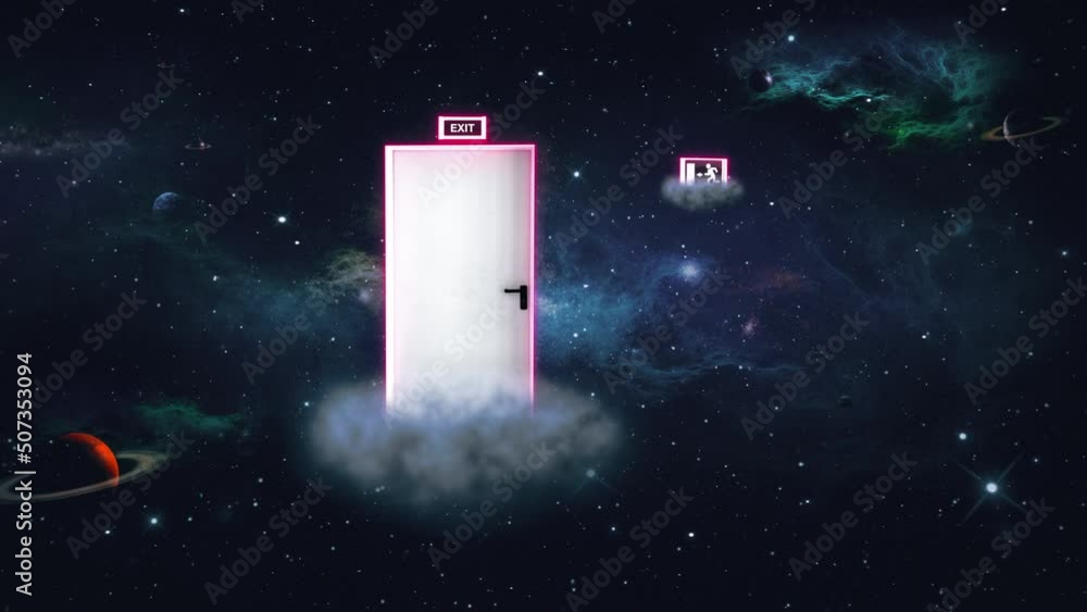 Vidéo Stock Space Door Exit Sign Floating clouds Planets Motion ...