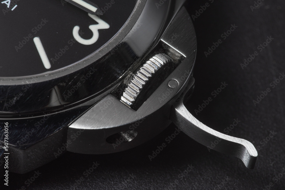 Close-up of Panerai Luminor PAM 000 watch isolated on a black ...
