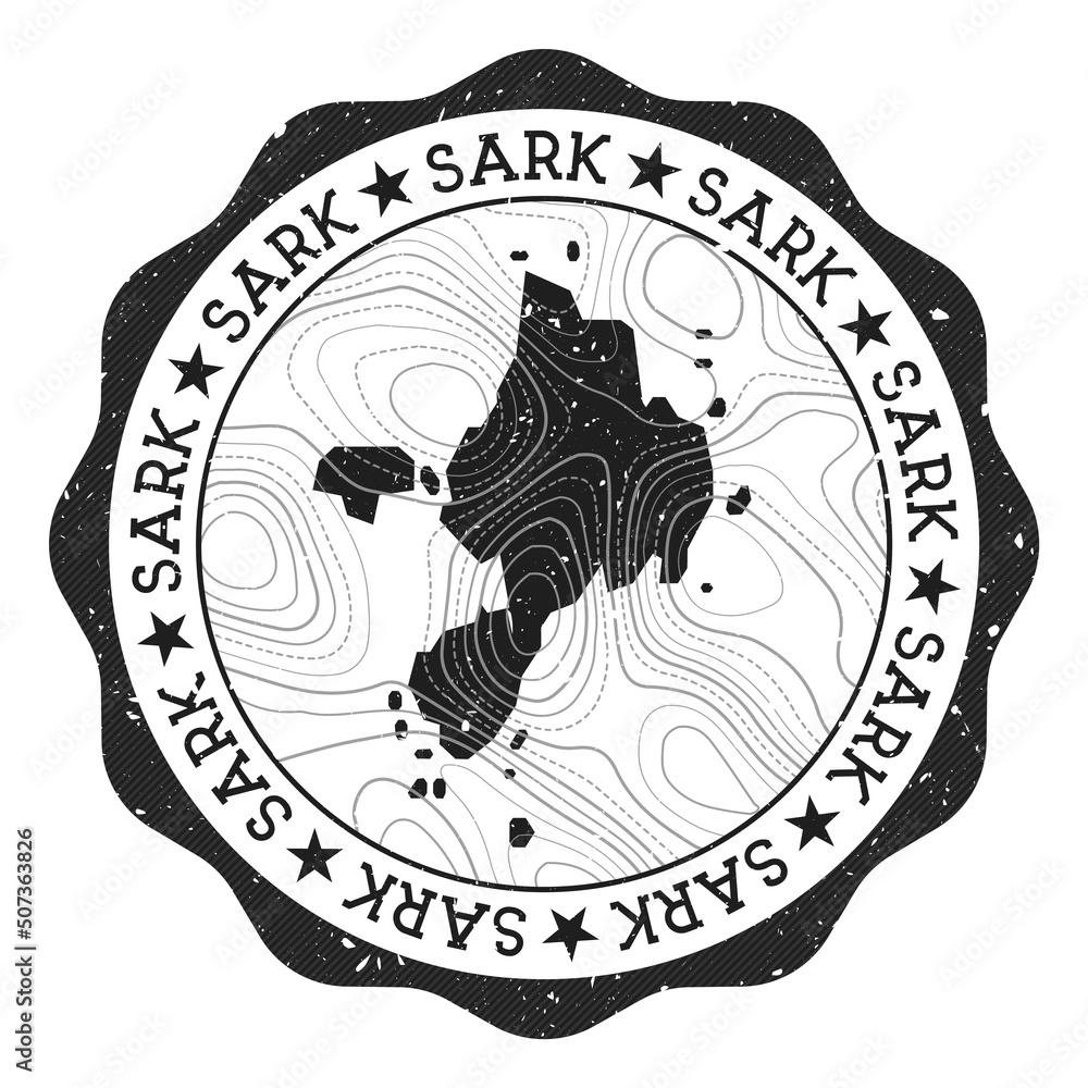 Sark outdoor stamp. Round sticker with map of island with topographic ...