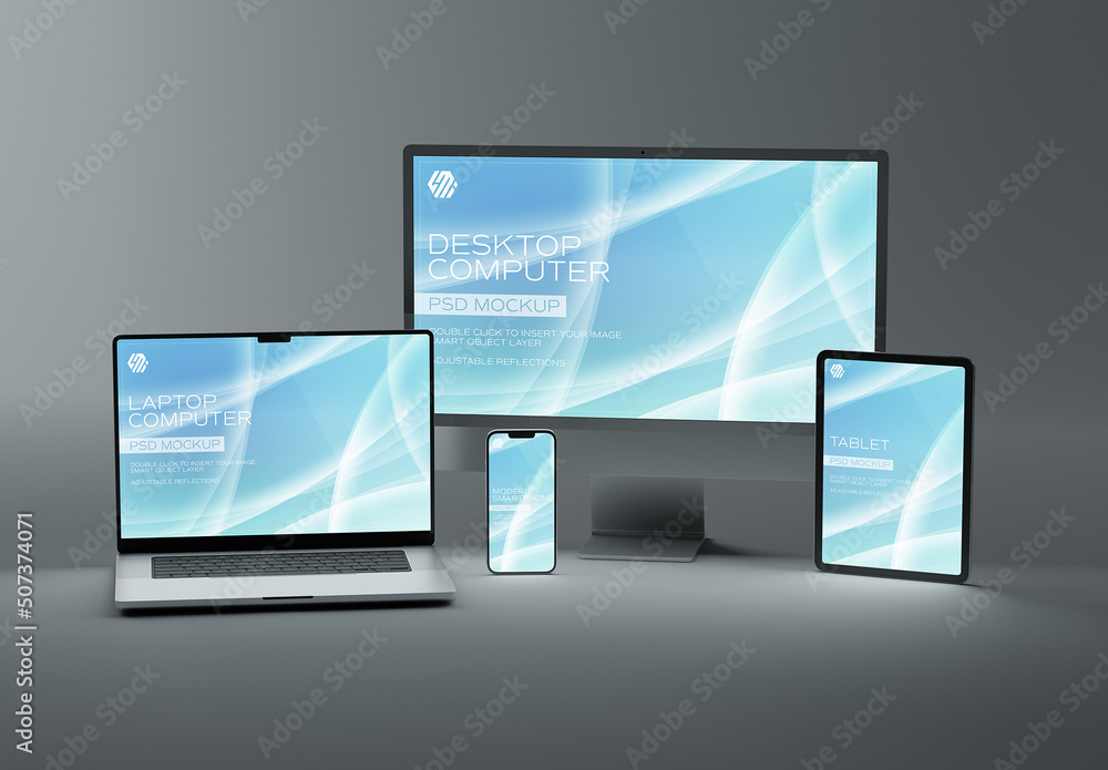 Devices Mockup with Smartphone Desktop Computer Laptop and Tablet Stock ...